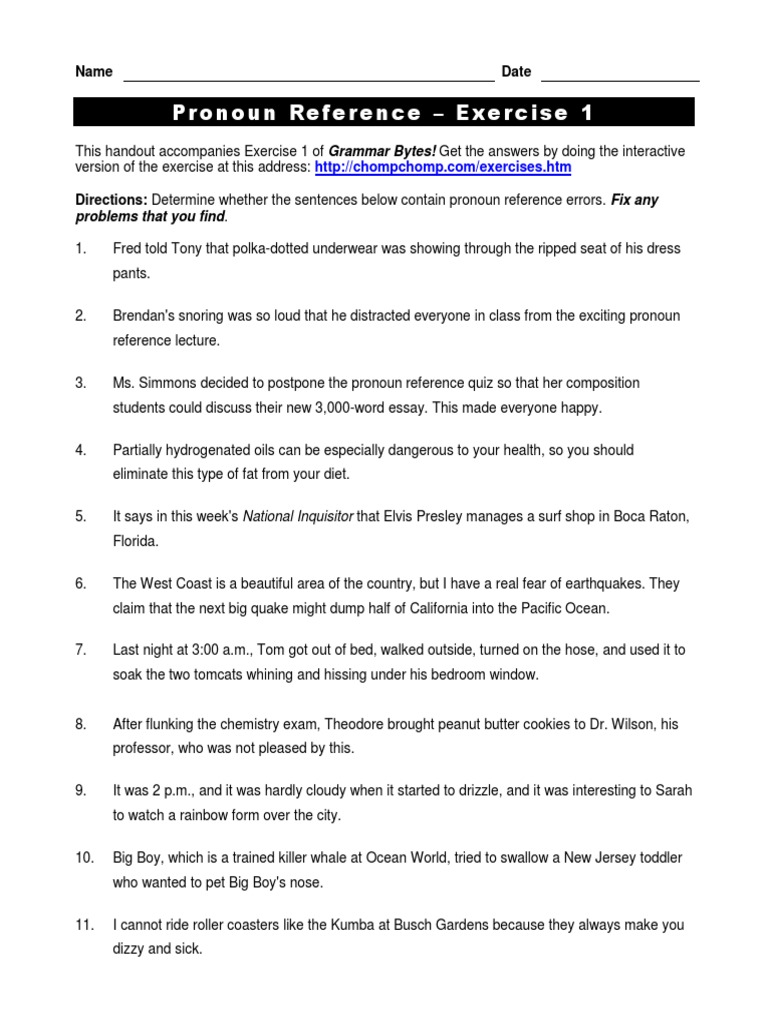 Pronoun Reference Exercise E | PDF