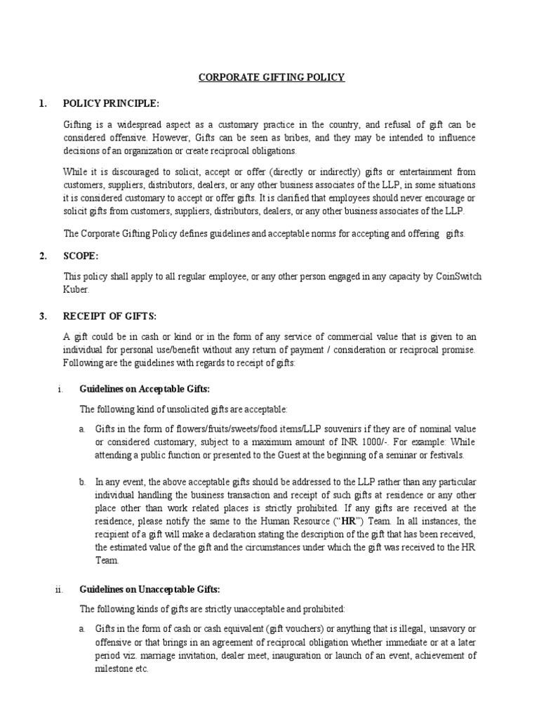 A Policy on the Acceptance and Exchange of Customary Gifts: Providing ...