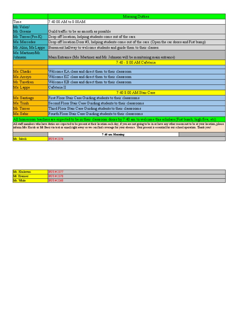Teachers Morning Arrival Duty Schedule | PDF