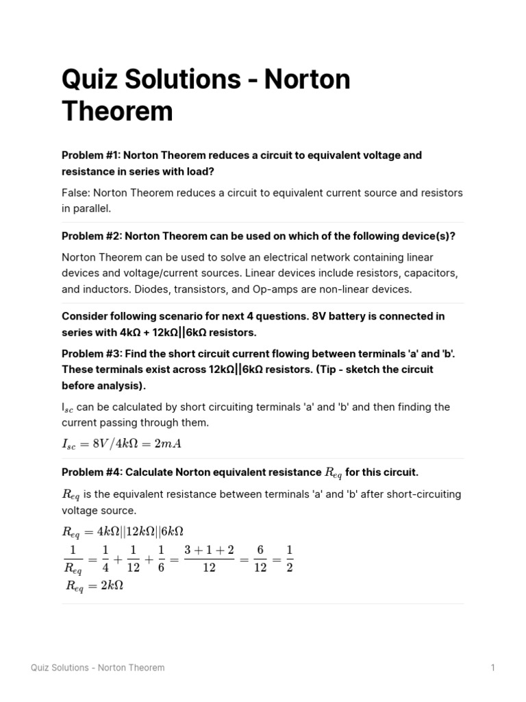 Norton Theorem Quiz Solutions | PDF