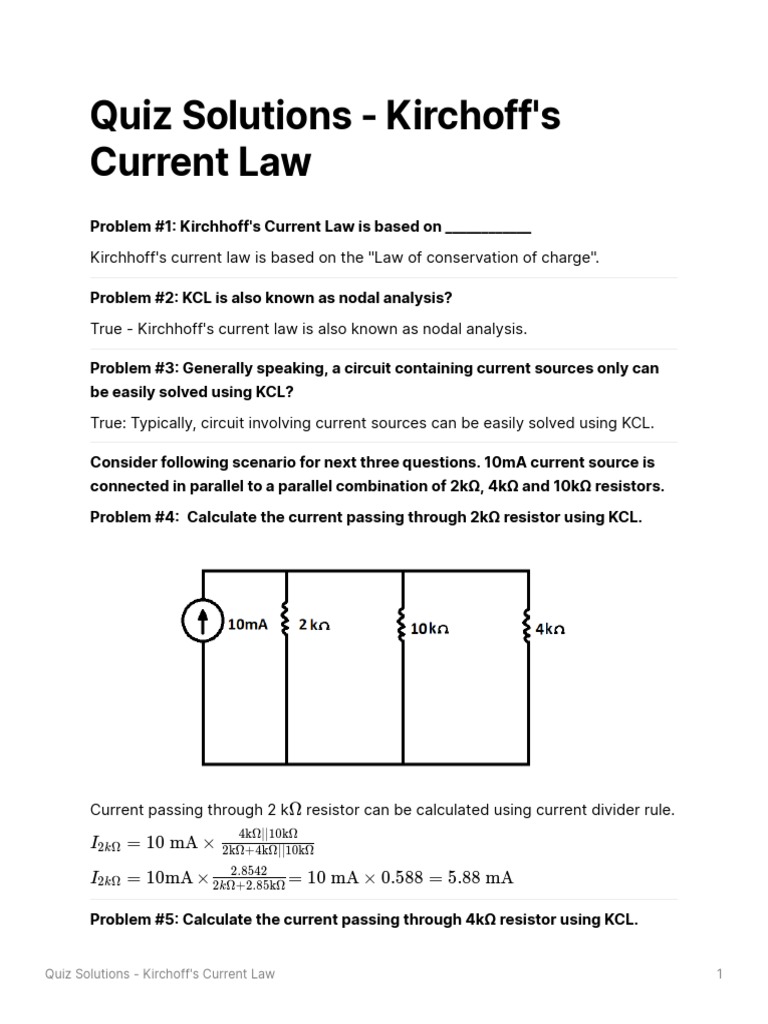 Quiz Solutions - Kirchoffs Current Law | PDF