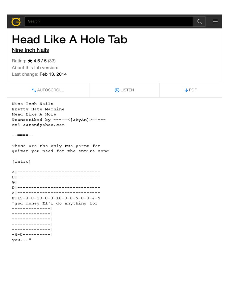 HEAD LIKE A HOLE TAB (Ver 2) by Nine Inch Nails @ | PDF