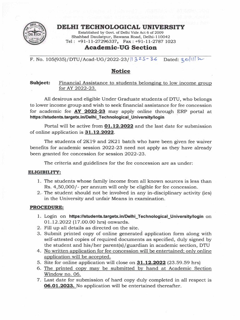 Notice For Financial Assistance To Students Belonging To Low Income ...