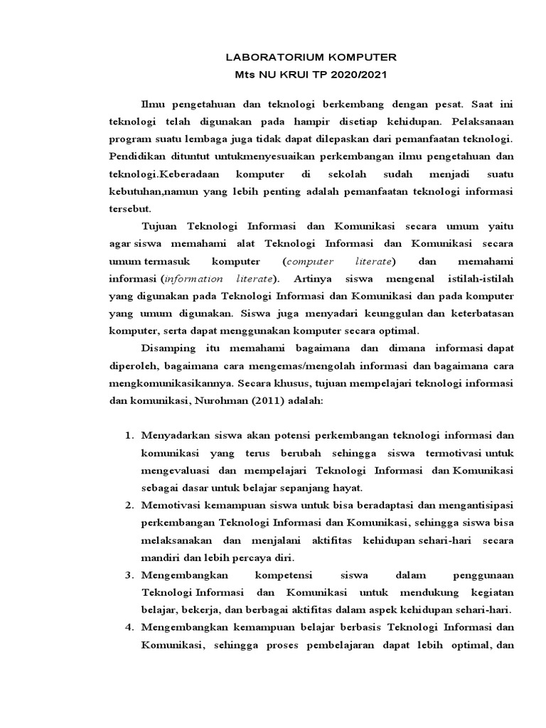 Mempersiapkan Generasi Masa Depan: Peran Laboratorium Komputer di Mts NU KRUI | PDF
