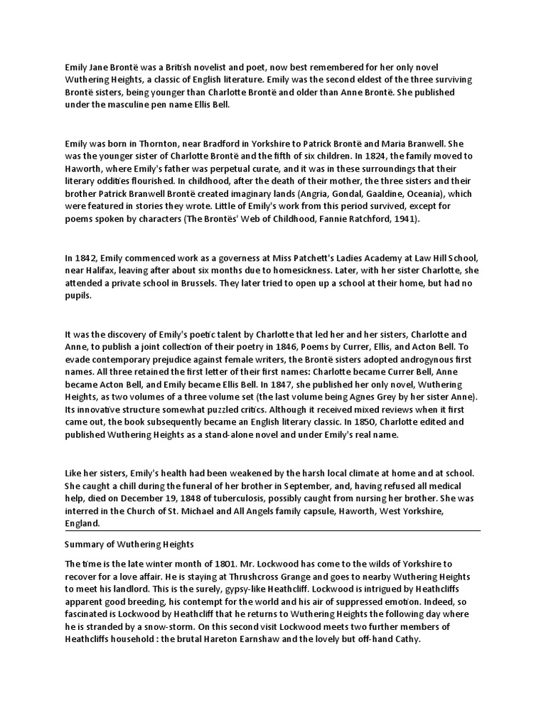 Summary - Wuthering Heights | PDF | Emily Brontë | Heathcliff ...