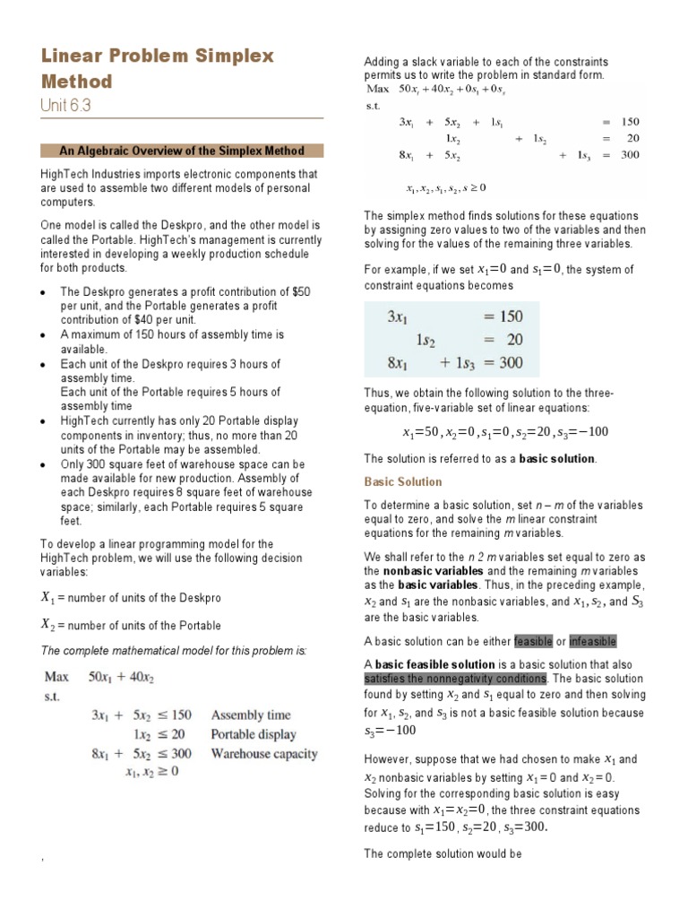 Unit 63 Linear Program Simplex Method Pdf Linear Programming