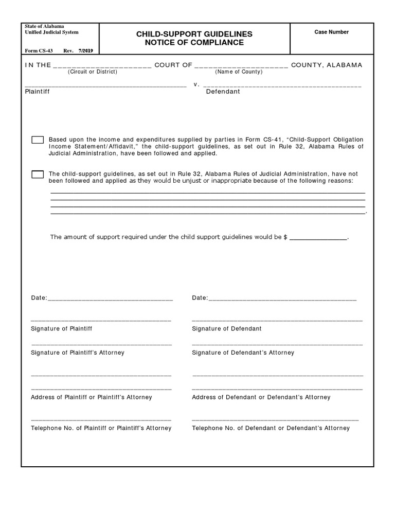 Main - Form Cs 43 Child Support Guidelines Notice of Compliance Alabama ...