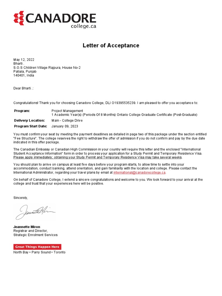 Letter of Acceptance: Program: Delivery Location: Program Start Date ...