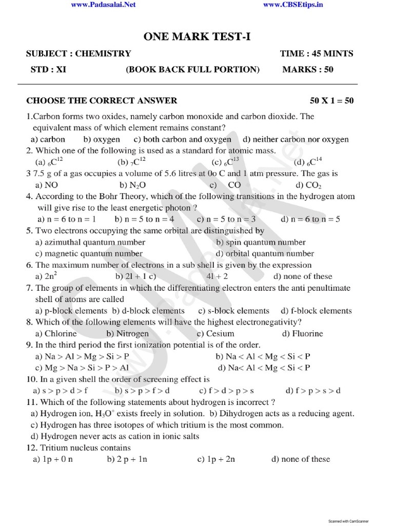 11th Chemistry One Marks Test Paper 1 English Medium PDF Download | PDF