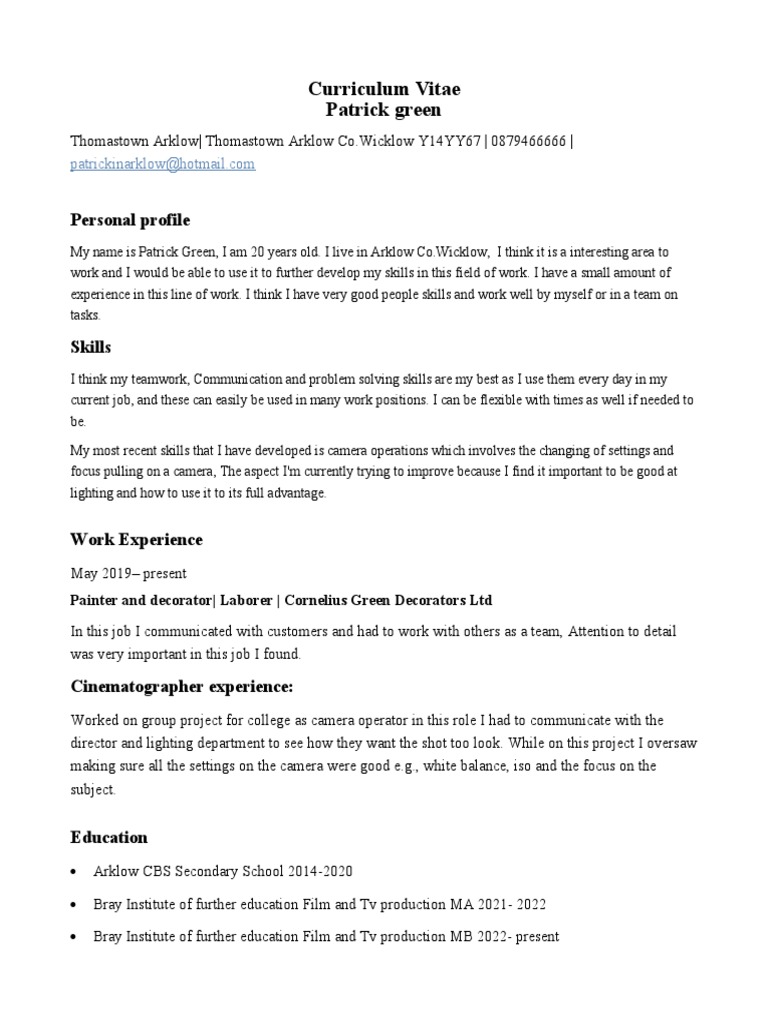 Curriculum Vitae Patrick Green: Personal Profile | PDF | Art
