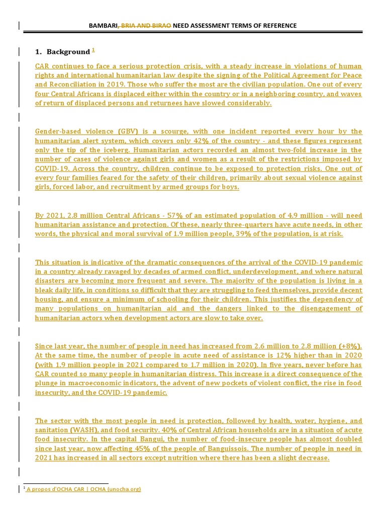 TORs Need Assessment Bambari ECHO 2021 Draft 30 11 2020 | PDF | Focus ...