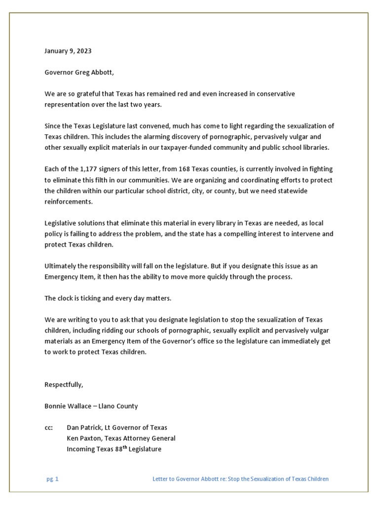 Letter Stop Sexualizing TEXAS Children | PDF | Politics Of The United ...