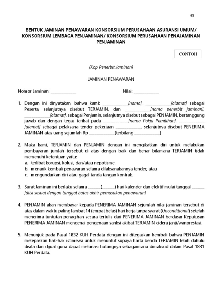 Format Jaminan Penawaran | PDF | Bisnis | Pengelolaan Keuangan & Uang