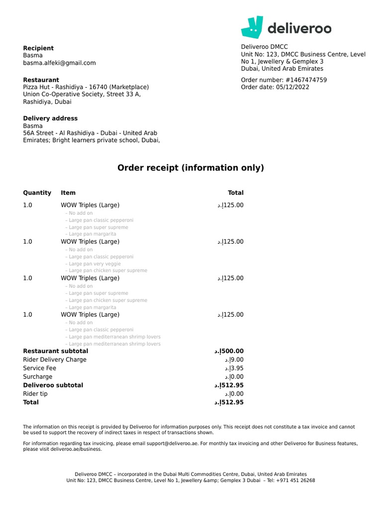 Deliveroo VAT Receipt for Pizza Order | PDF | Dubai | Receipt