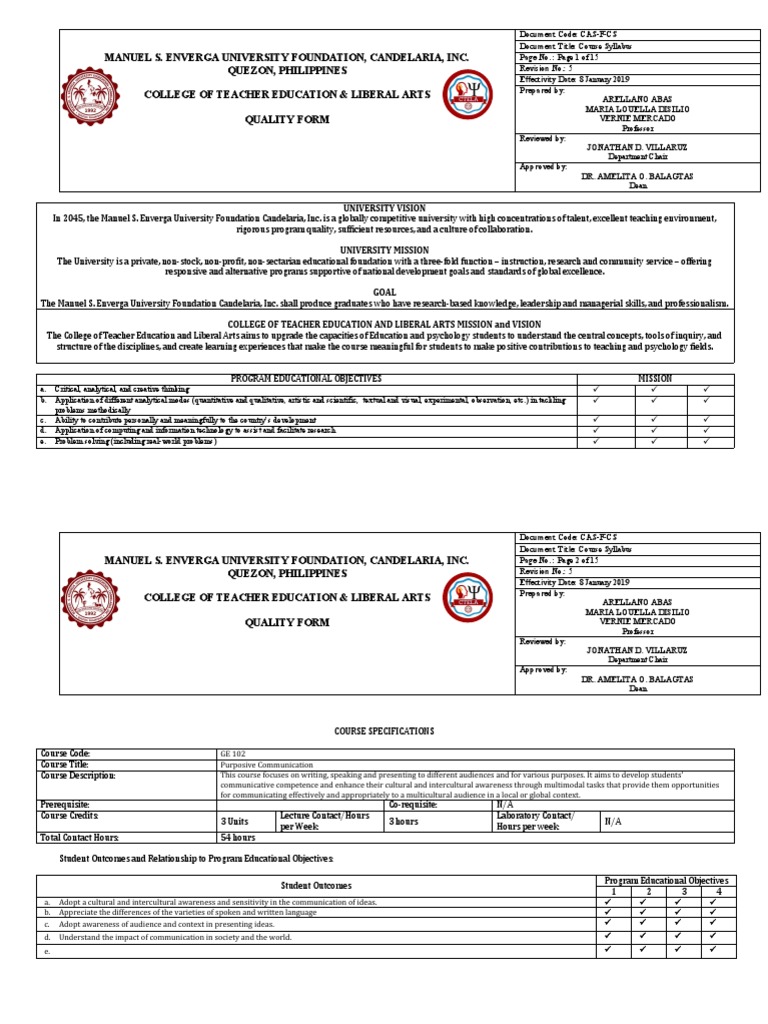 Purposive Communication Syllabus | PDF