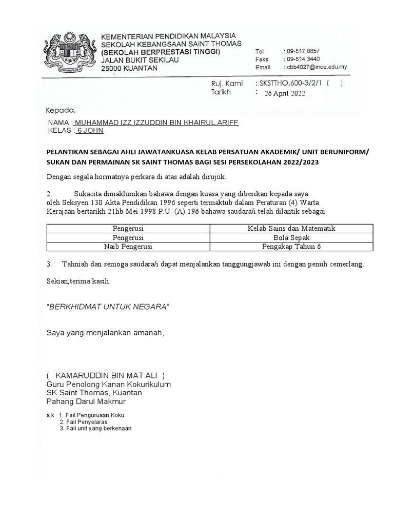 Surat Lantikan AJK Kokurikulum MURID 2021 | PDF