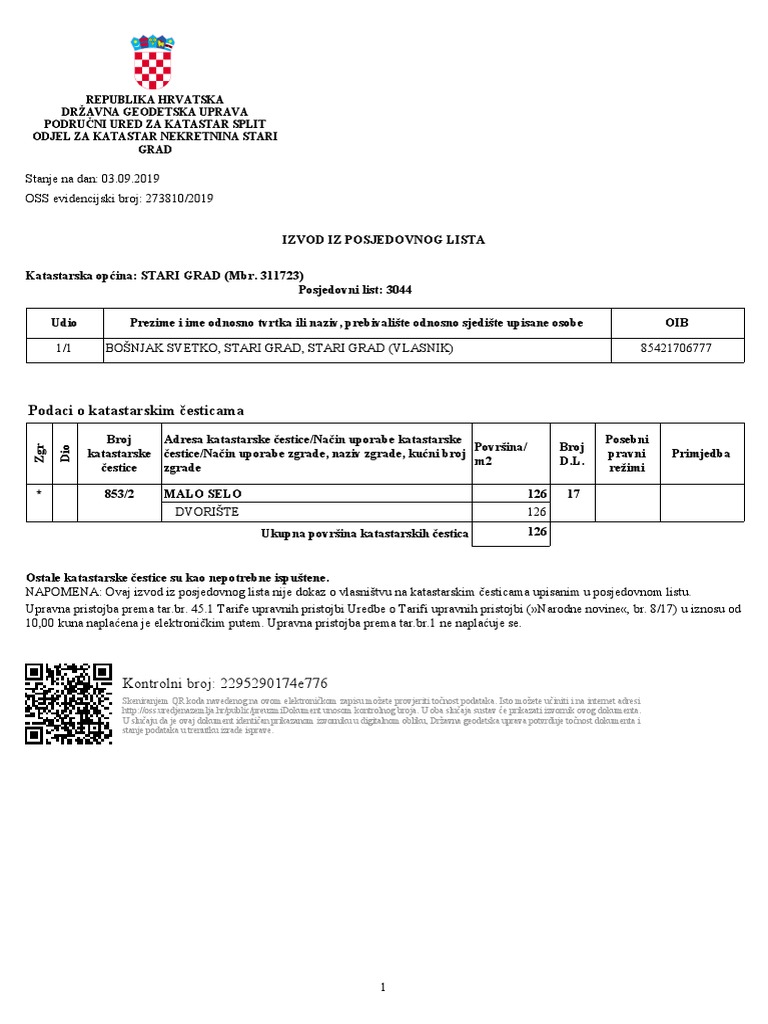 Izvod Iz Posjedovnog Lista 1620896168846 | PDF