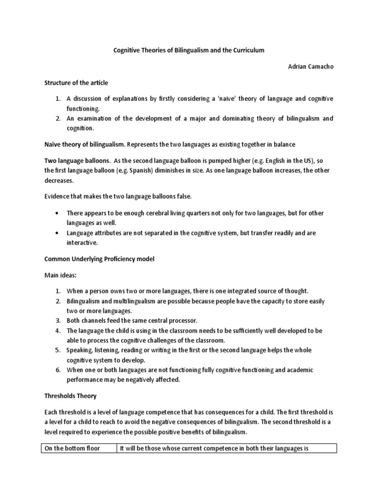 Cognitive Theories Of Bilingualism And The Curriculum Pdf Multilingualism Learning