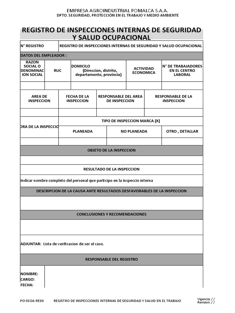 (Po-Ssoa-Re05) Registro de Inspecciones Internas de Seguridad y Salud en El Trabajo | PDF