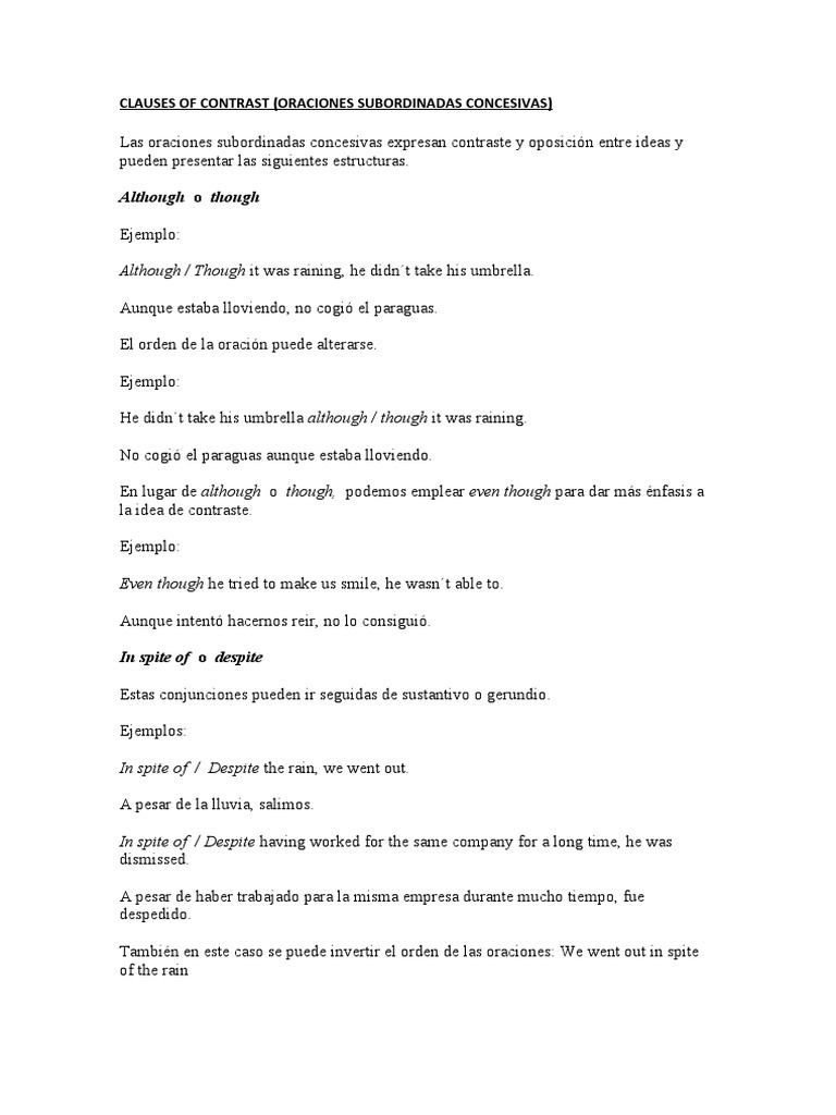 Clauses of Contrast - Concesivas - Teoría | PDF | Estudios de idiomas ...