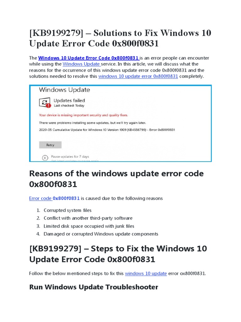 (KB9199279) - Solutions To Fix Windows 10 Update Error Code 0x800f0831 | PDF | Windows 10 ...
