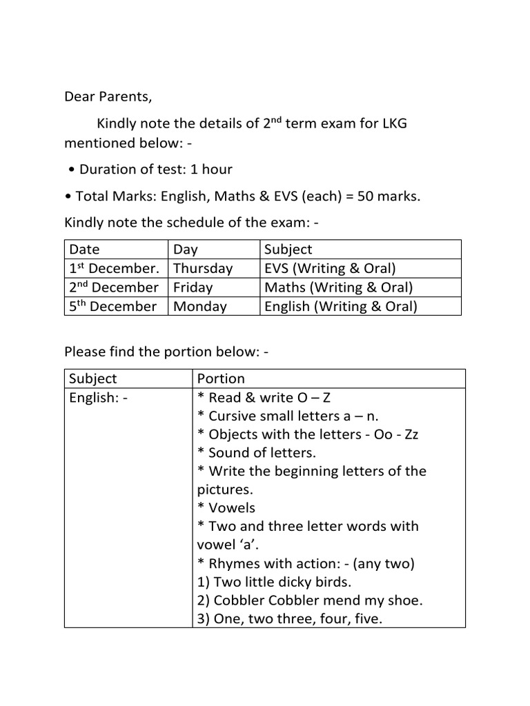 LKG 2nd Term Syllabus - 1669800425920 | PDF