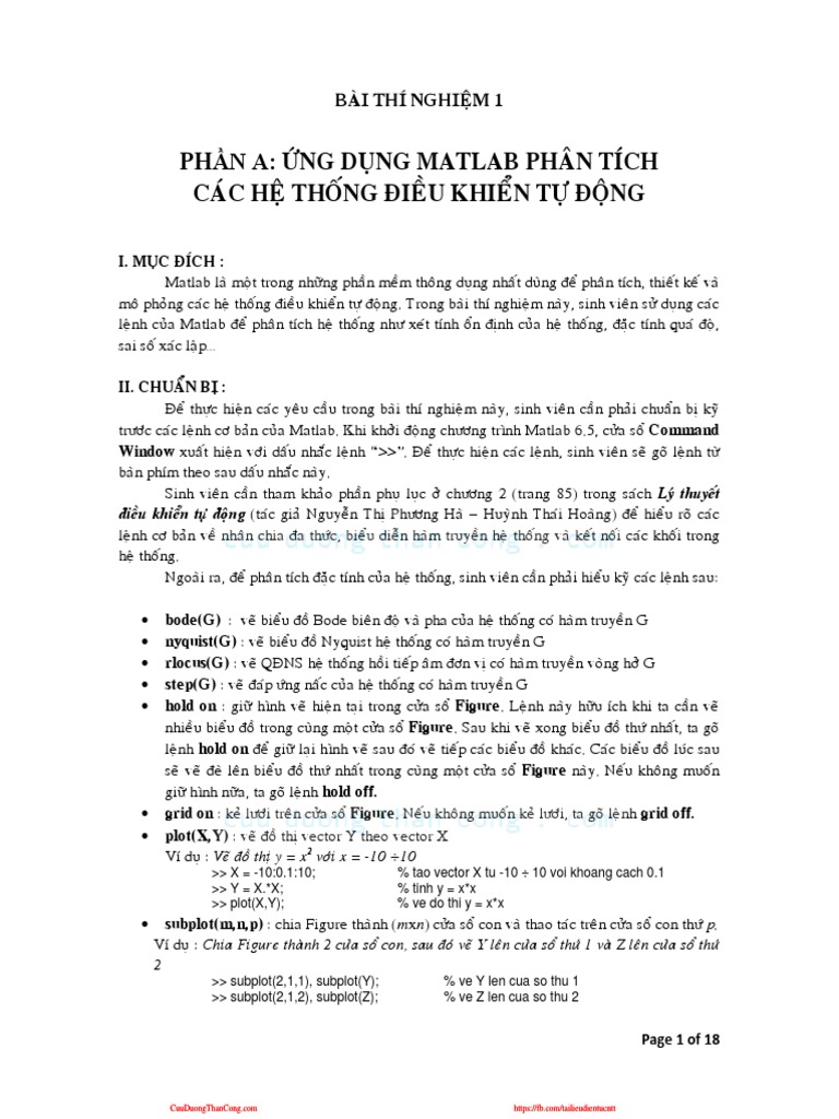 Thi Nghiem Co So Tu Dong TN CSTD 1 Ung Dung Matlab Phan Tich He Thong Dieu Khien Tu Dong | PDF