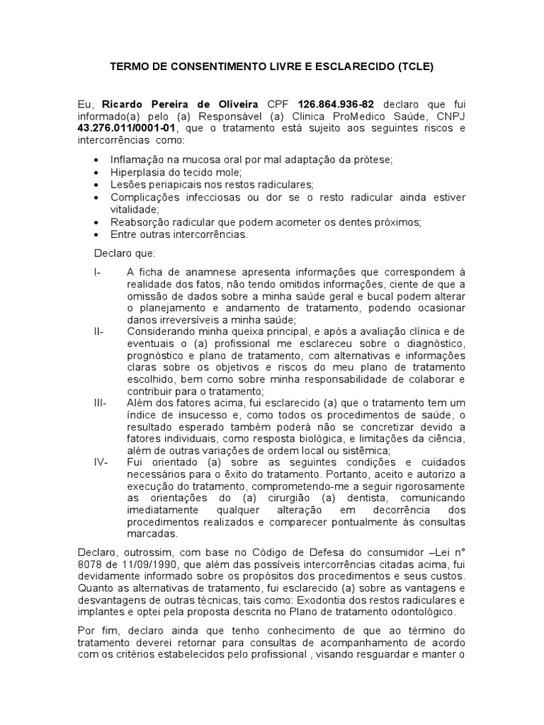 Termo de Consentimento Livre e Esclarecido | PDF | Odontologia ...
