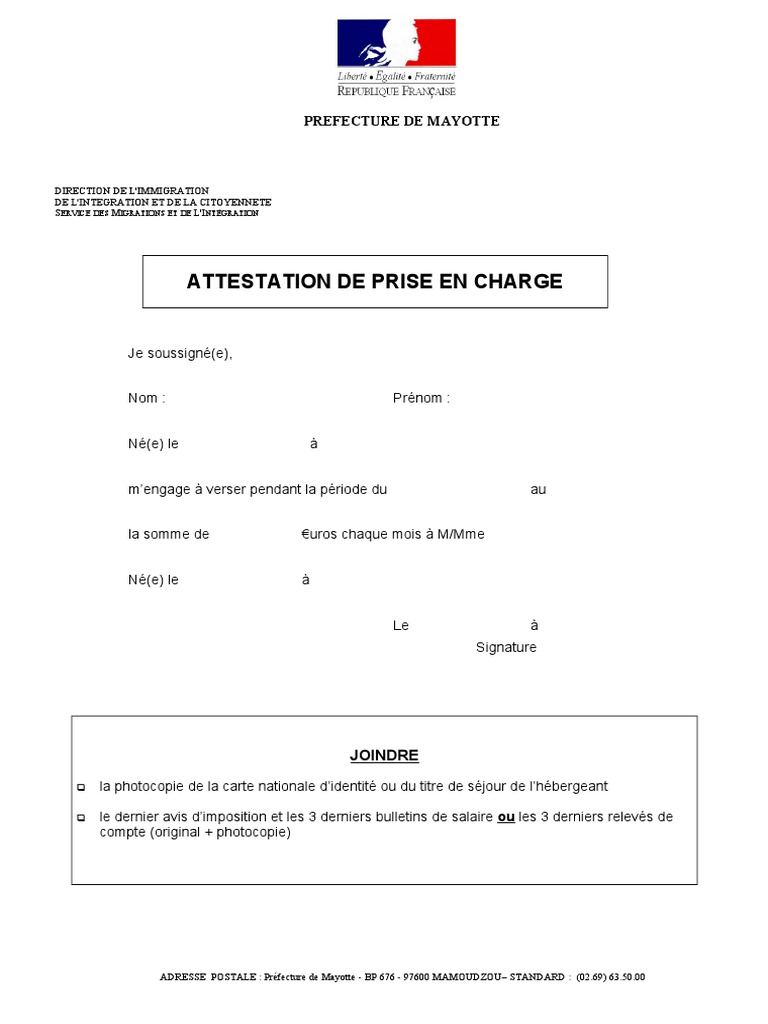 Attestation de Prise en Charge à Mayotte | PDF