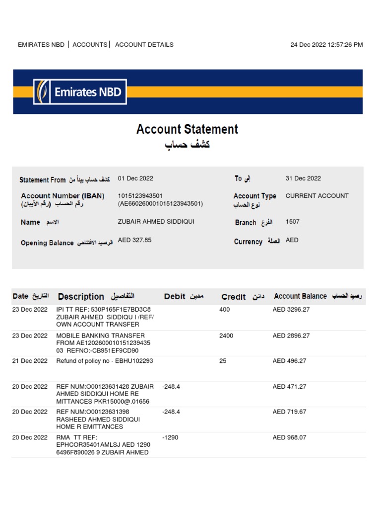 ENBD Bank Statement December-2022 | PDF