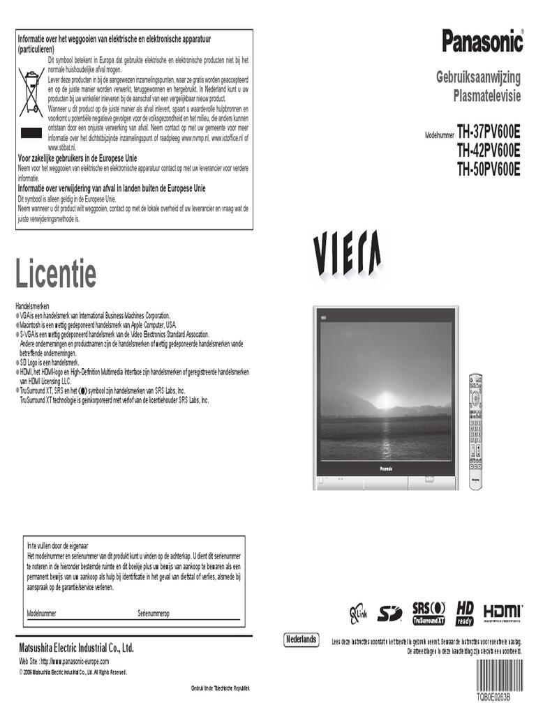 Panasonic TH - 37 - 42 - 50pv600e - NLD - 0263B | PDF