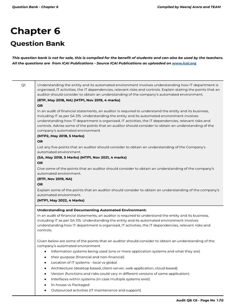 C6 Audit Question Bank | PDF | Internal Control | Audit