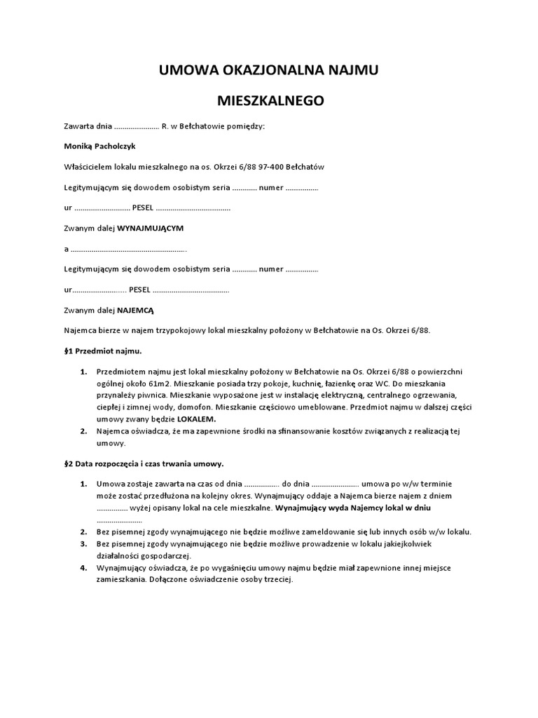 Umowa Okazjonalna Najmu Mieszkalnego | PDF