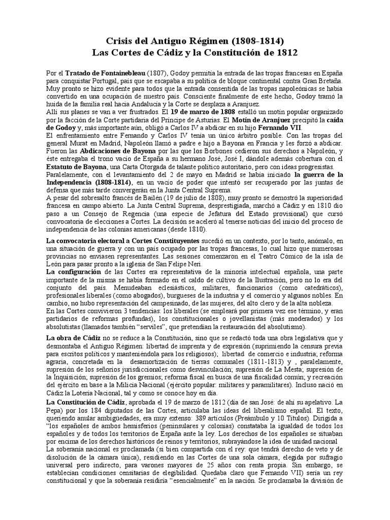 Crisis Del Antiguo Régimen (1808-1814), Cortes de Cádiz y La ...