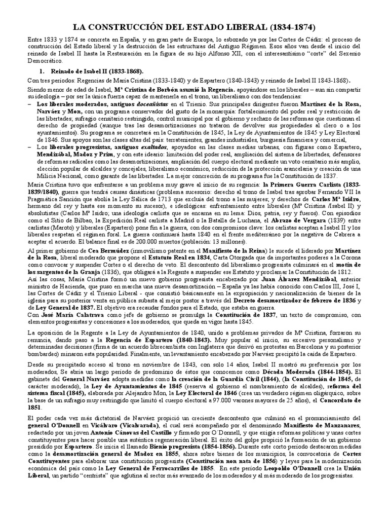 La Construcción Del Estado Liberal (1834-1874) | PDF | España | Gobierno de españa