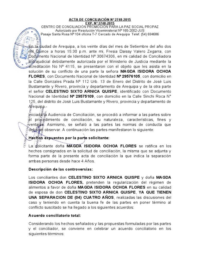 ACTA DE CONCILIACIÓN DE SEPARACION CON HIJO 19 de junio-MAGDA | PDF