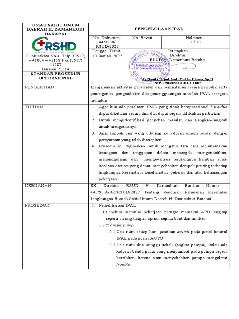 10 SPO Pengelolaan IPAL | PDF