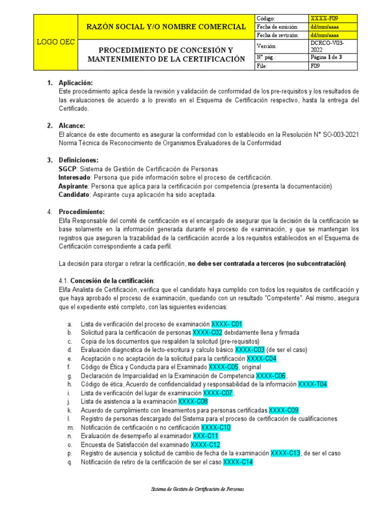 f09 Procedimiento de Concesion y Mantenimiento de La Certificacion | PDF