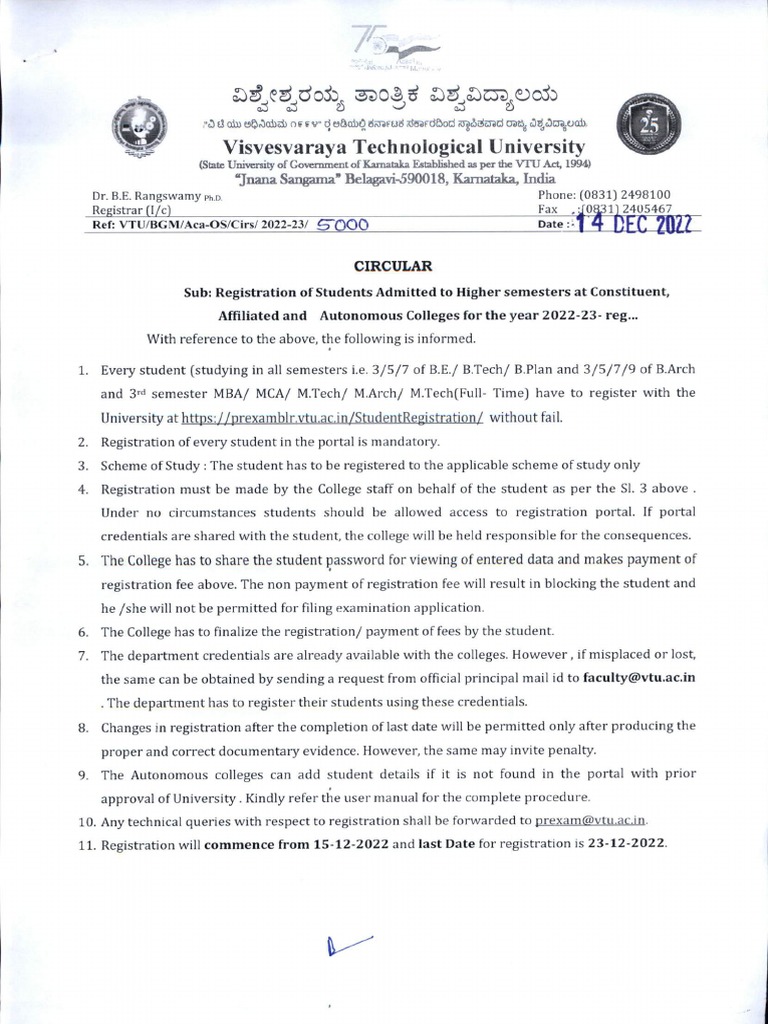 Student Registration Circular 2023 | PDF
