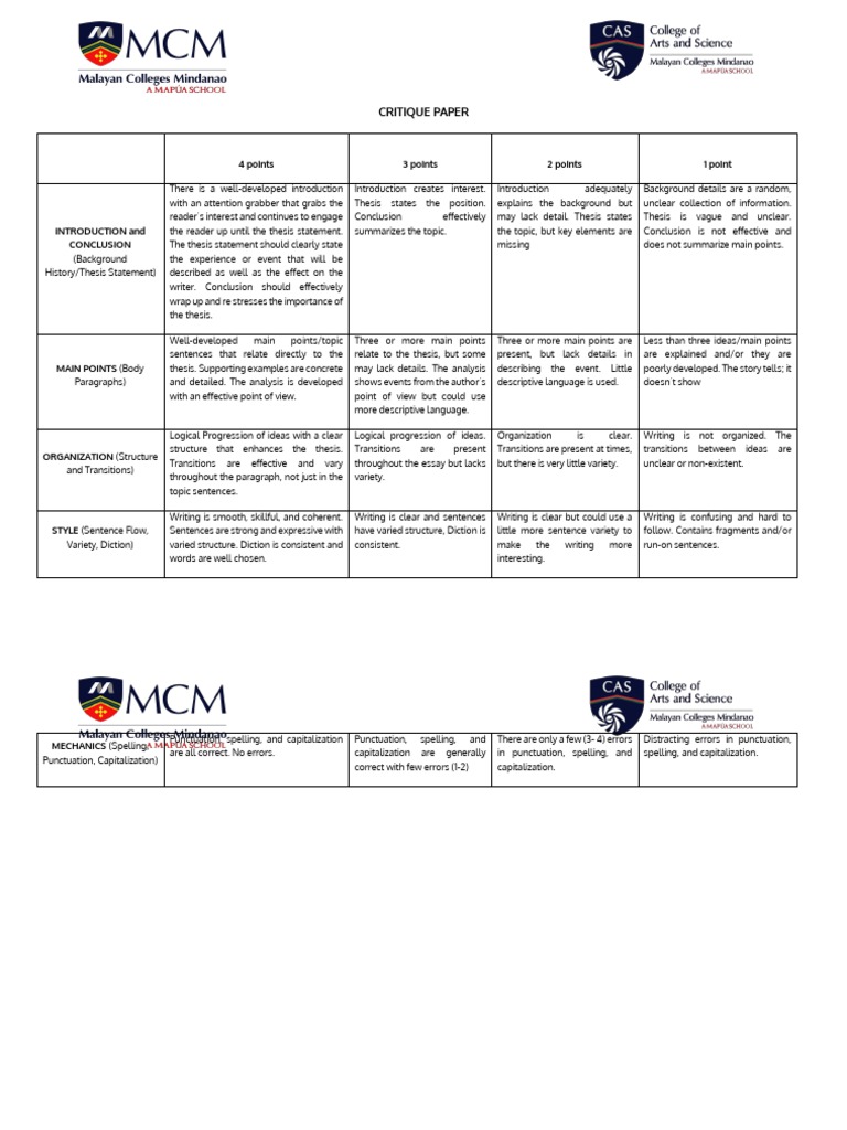 Critique Paper Rubric | Download Free PDF | Punctuation | Writing
