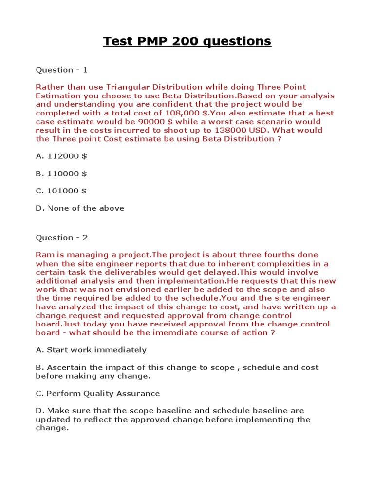 PMP Test 200 Questions 140622 | PDF | Project Management | Business