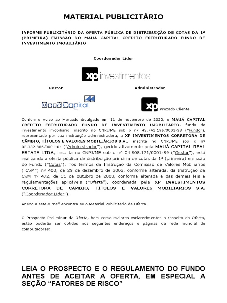 Oferta de Cotas do Fundo Mauá Capital | PDF | Risco | Economias