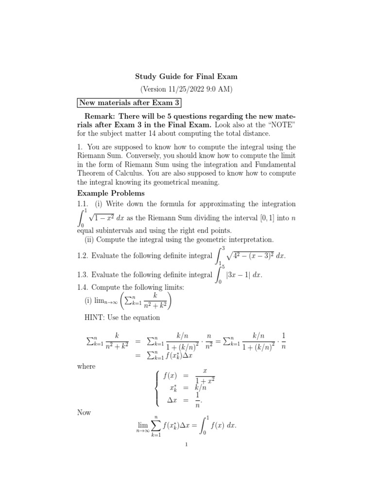 Studyguidefinalexamfall2022 Purdue Ma165 Pdf Integral Function