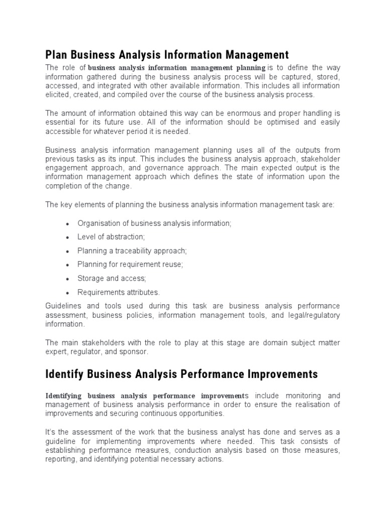 Business Analysis Information Management Plan | PDF | Business Analysis ...
