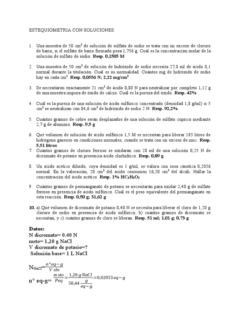 Ejercicios para Resolver ESTEQUIOMETRIA CON SOLUCIONES | PDF | Ácido clorhídrico | Hidróxido de ...
