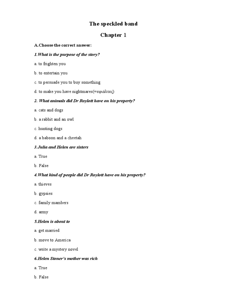 The Speckled Band - 2. Worksheet Chapter 1 | PDF | Arthur Conan Doyle ...