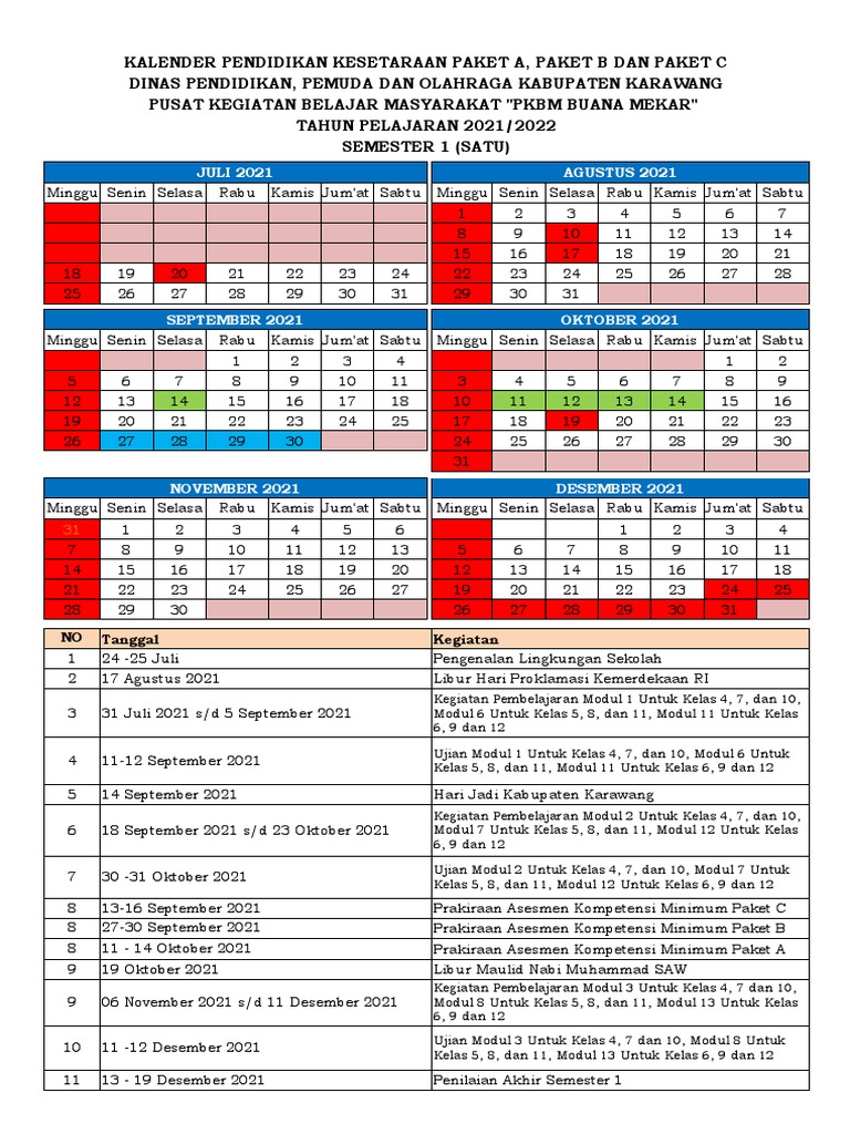 Kalender Pendidikan PKBM 2021/2022 | PDF