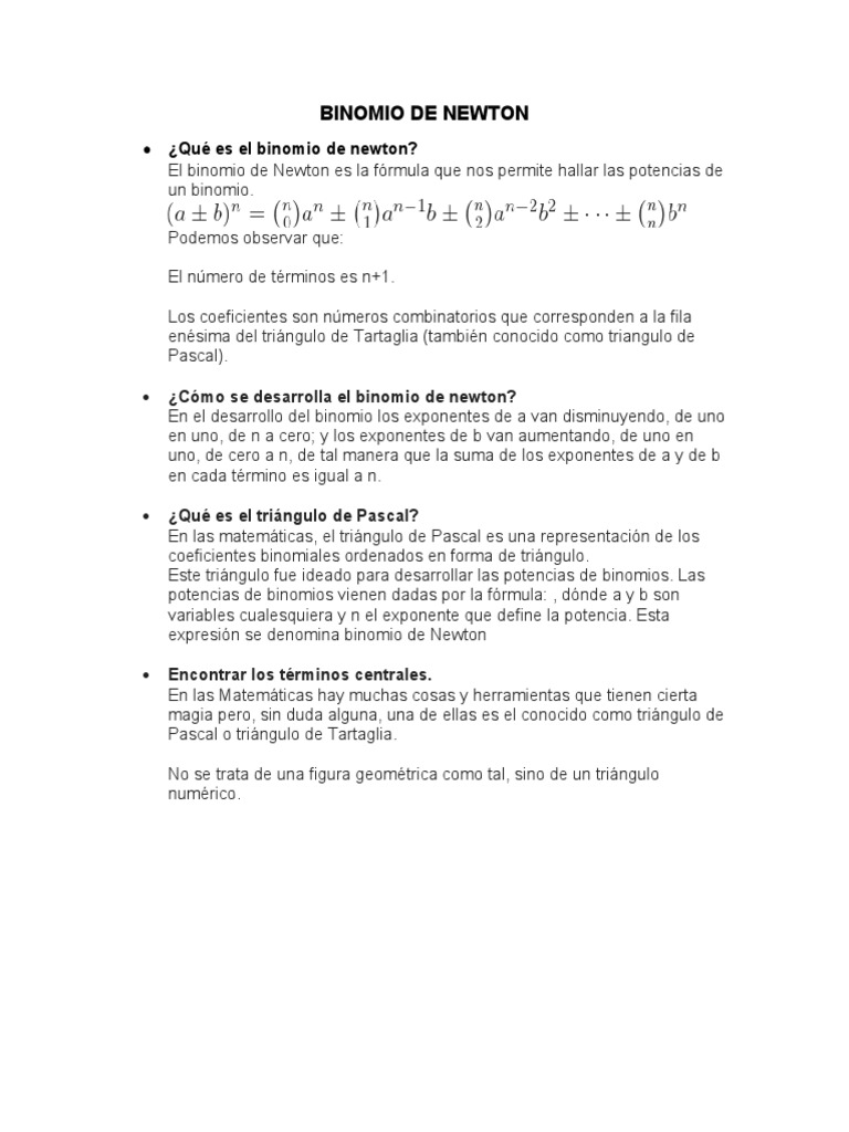 BINOMIO DE NEWTON Tarea | PDF
