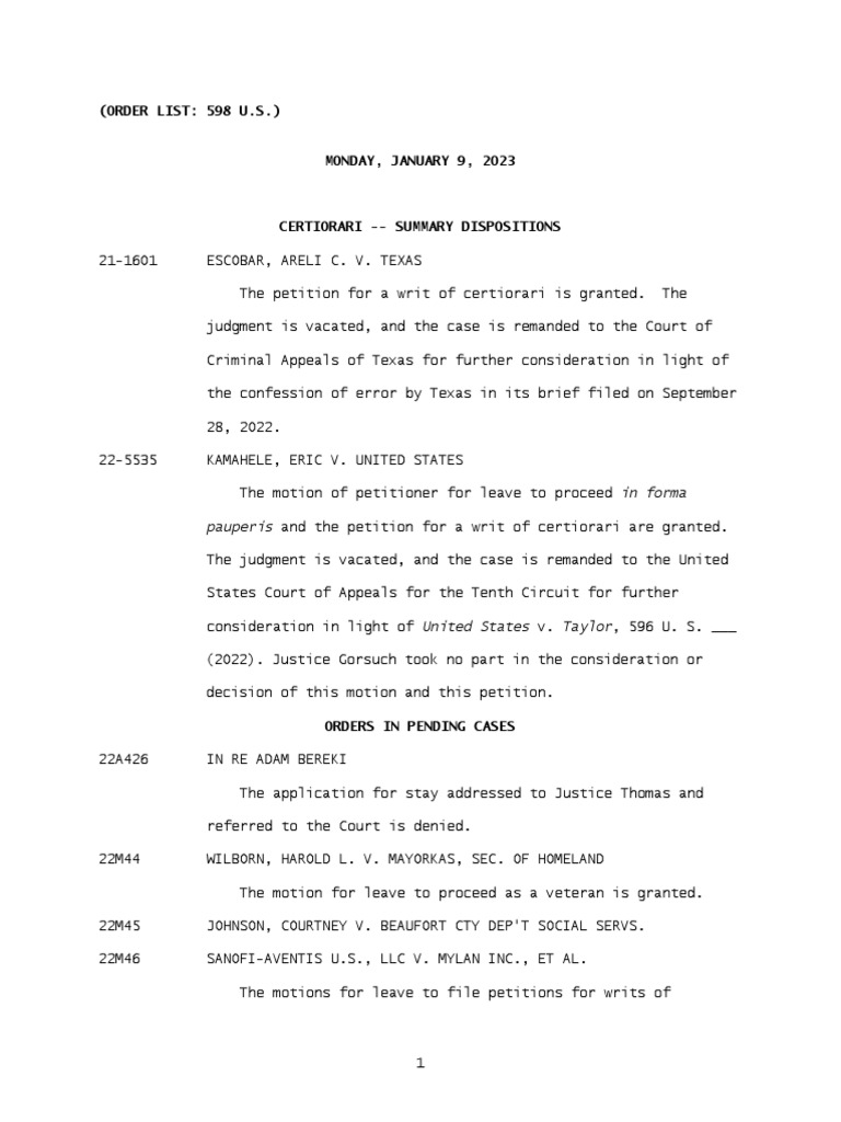 Supreme Court Case Dispositions | PDF | Certiorari | Writ