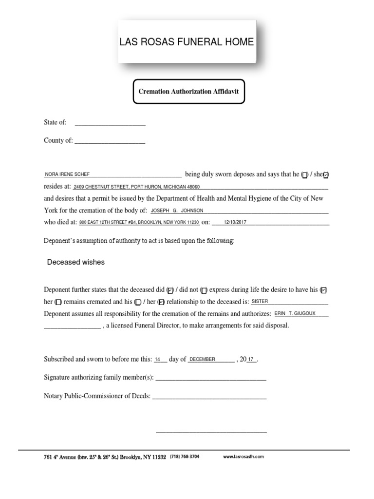 Cremation Authorization Affidavit | PDF